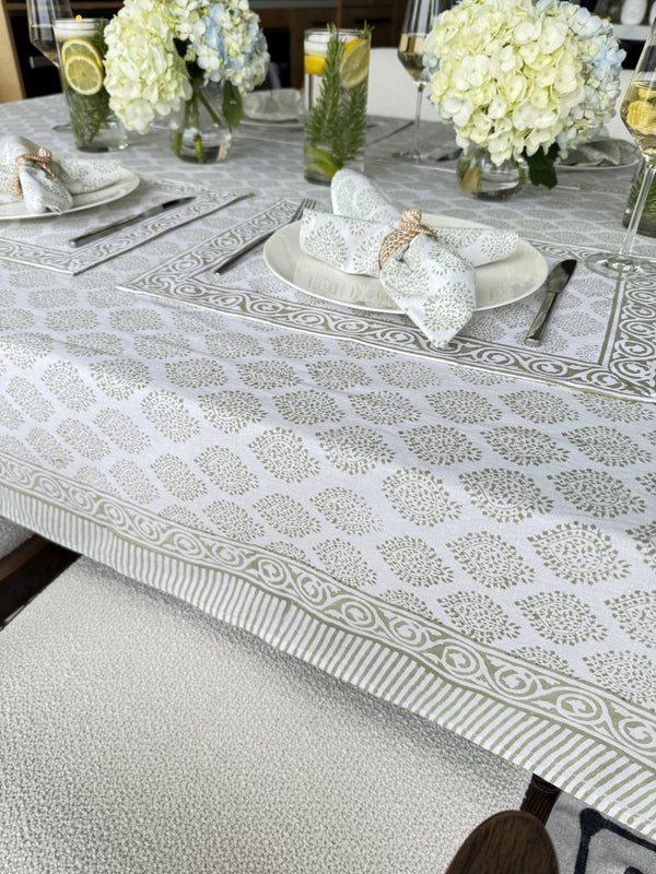 Hand Block Print Tablecloth, Light Green